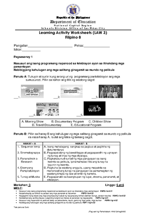 3rd Quarter Filipino 8 LAW 2 2021 2022 - Markahan : 3 _ Linggo: 3 at 4 ...