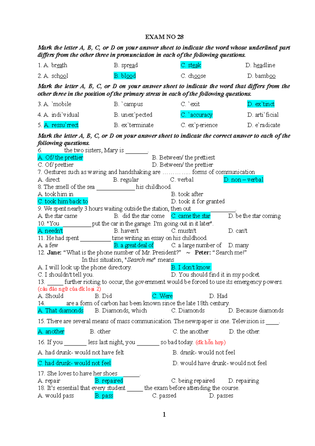 11.2.EXAM NO 28 - practice - EXAM NO 28 Mark the letter A, B, C, or D ...