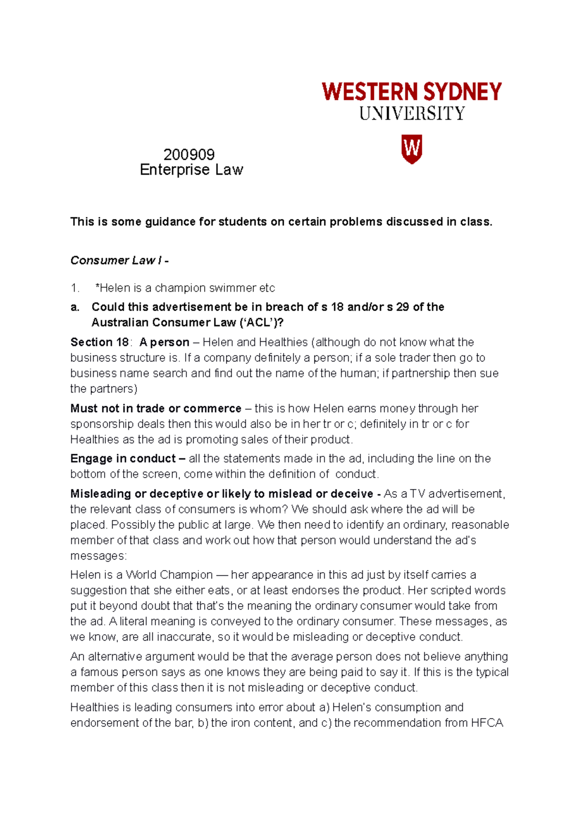 Consumer Law Tutorials released answers - 200909 Enterprise Law This is ...