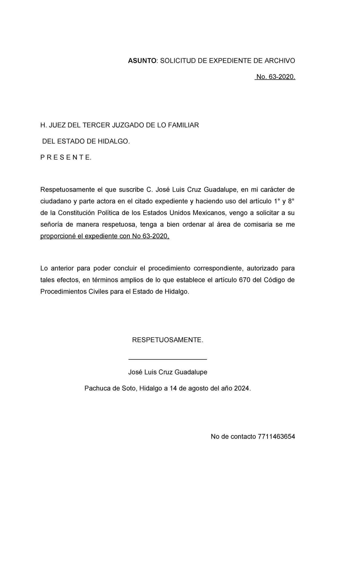 Expediente Asunto Solicitud De Expediente De Archivo No 63 2020 H