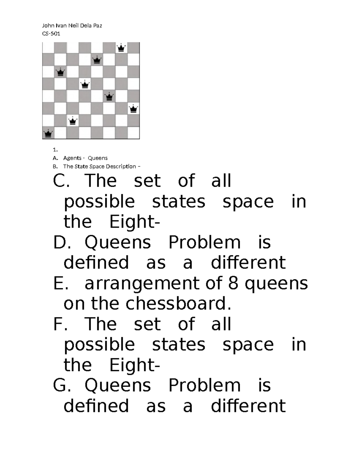 02TP1 AI Delapaz - sagot - CS- 1. A. Agents - Queens B. The State Space ...