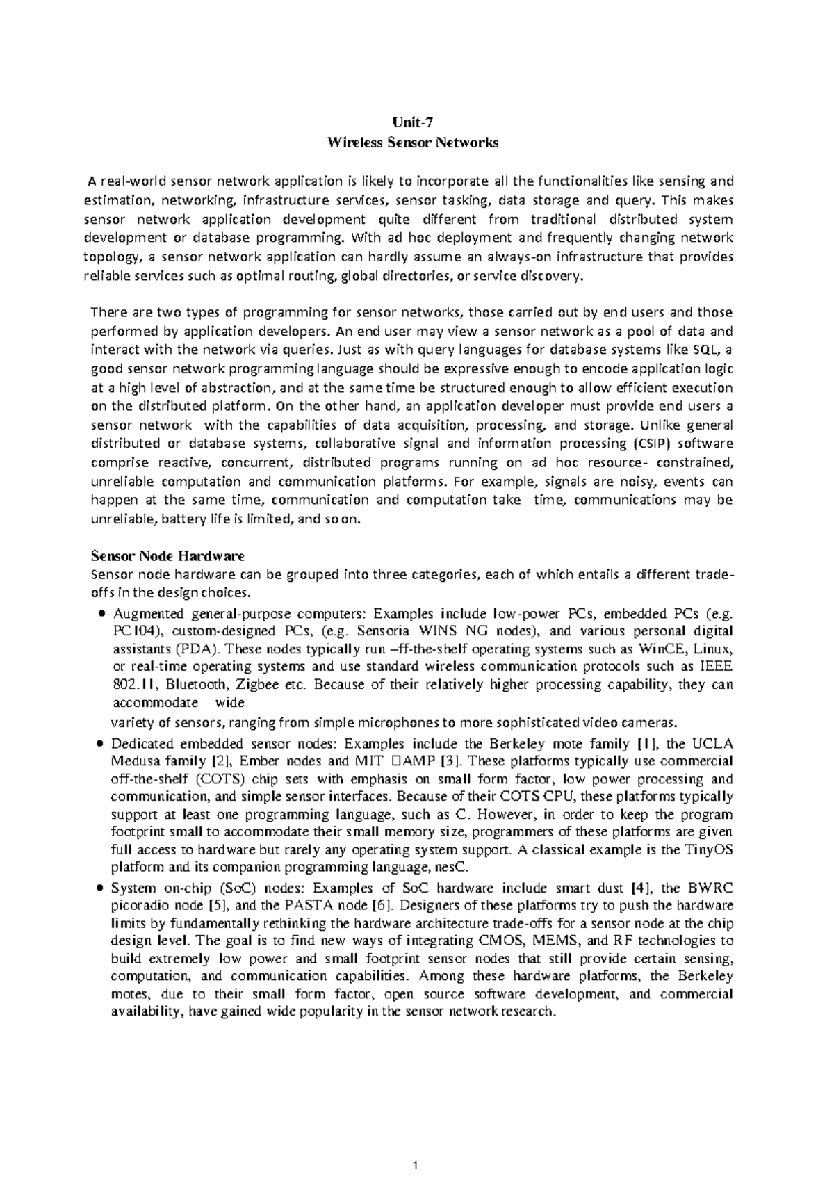 Adhoc And Sensor Networks Notes U7 Unit Wireless Sensor Networks A