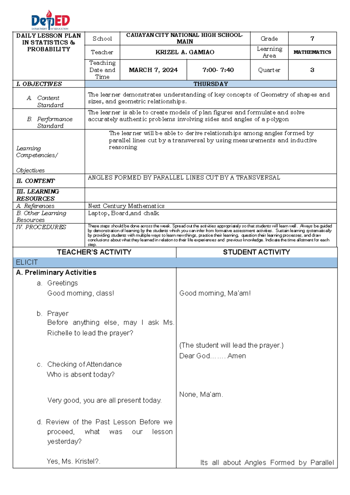 Daily Lesson PLAN IN Angles Formed BY Parallel Lines CUT BY A ...