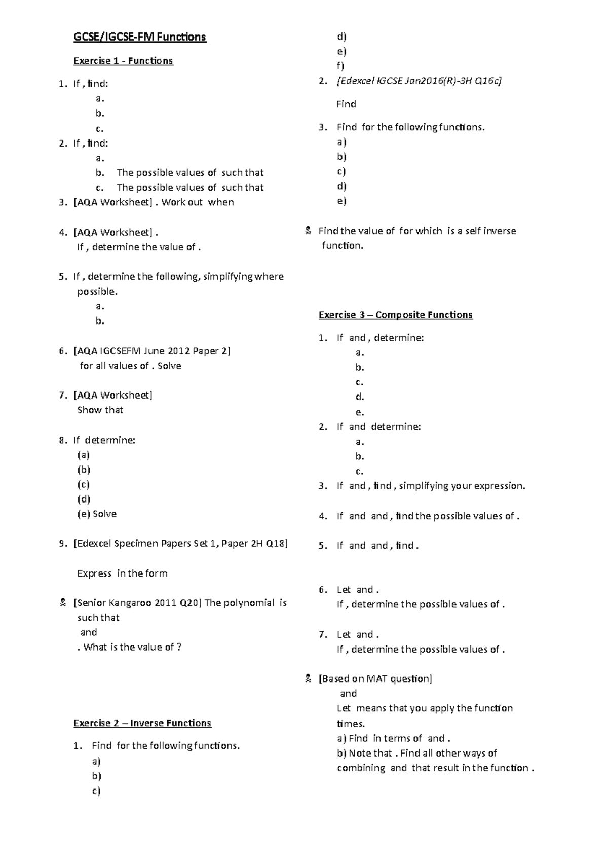 Gcseand Igcsefm Functions Gcseigcse Fm Functions Exercise 1 Functions If Find A B C