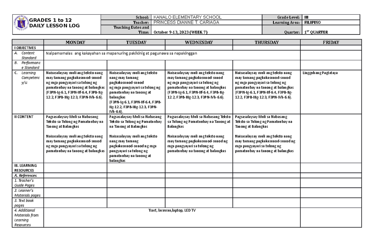 DLL Filipino 3 Q1 W7 - Daily lesson log - GRADES 1 to 12 DAILY LESSON ...