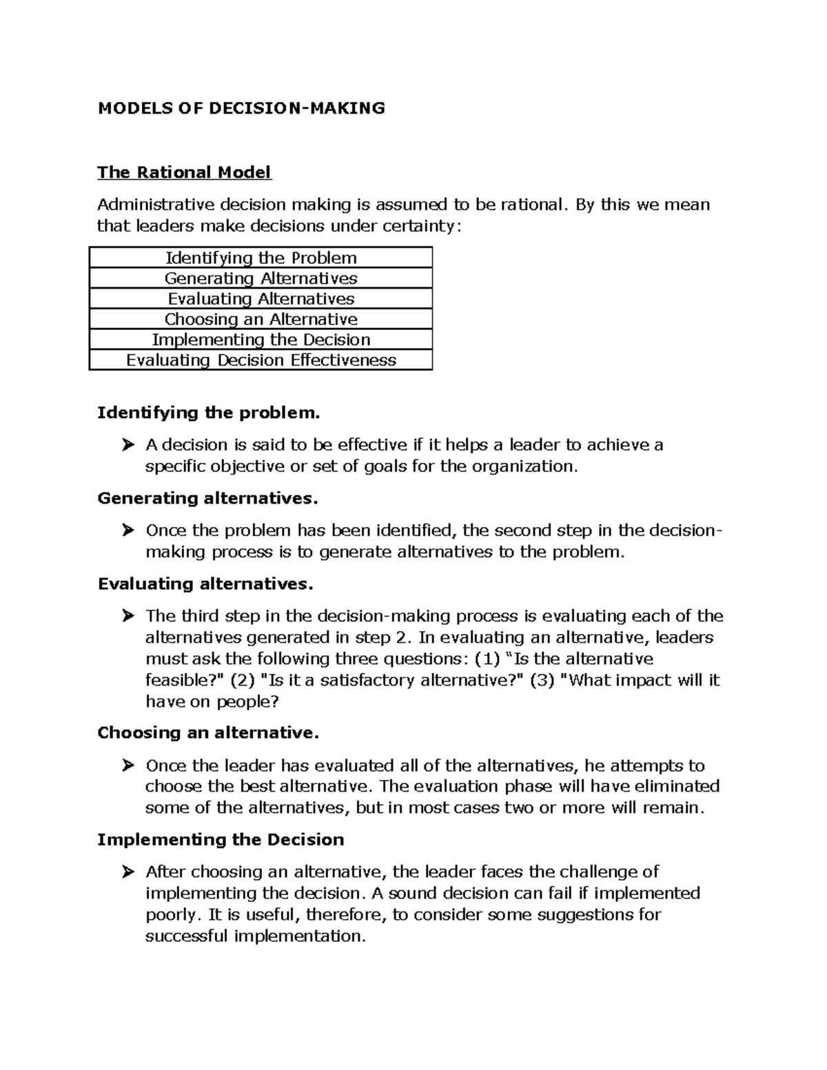 Assessing Leadership Practices - MODELS OF DECISION-MAKING The Rational ...