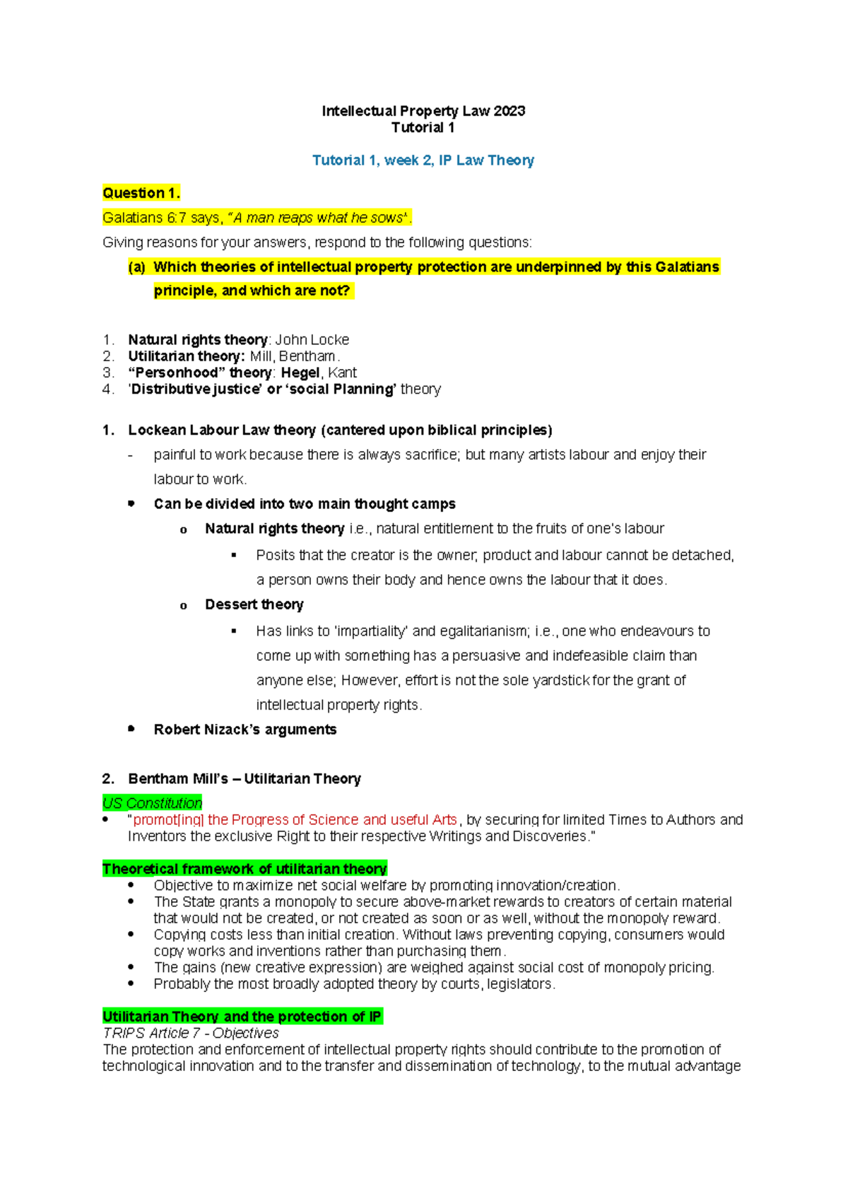 Tutorial 1 (Week 2) - Intellectual property law theory and origins - Intellectual Property Law ...