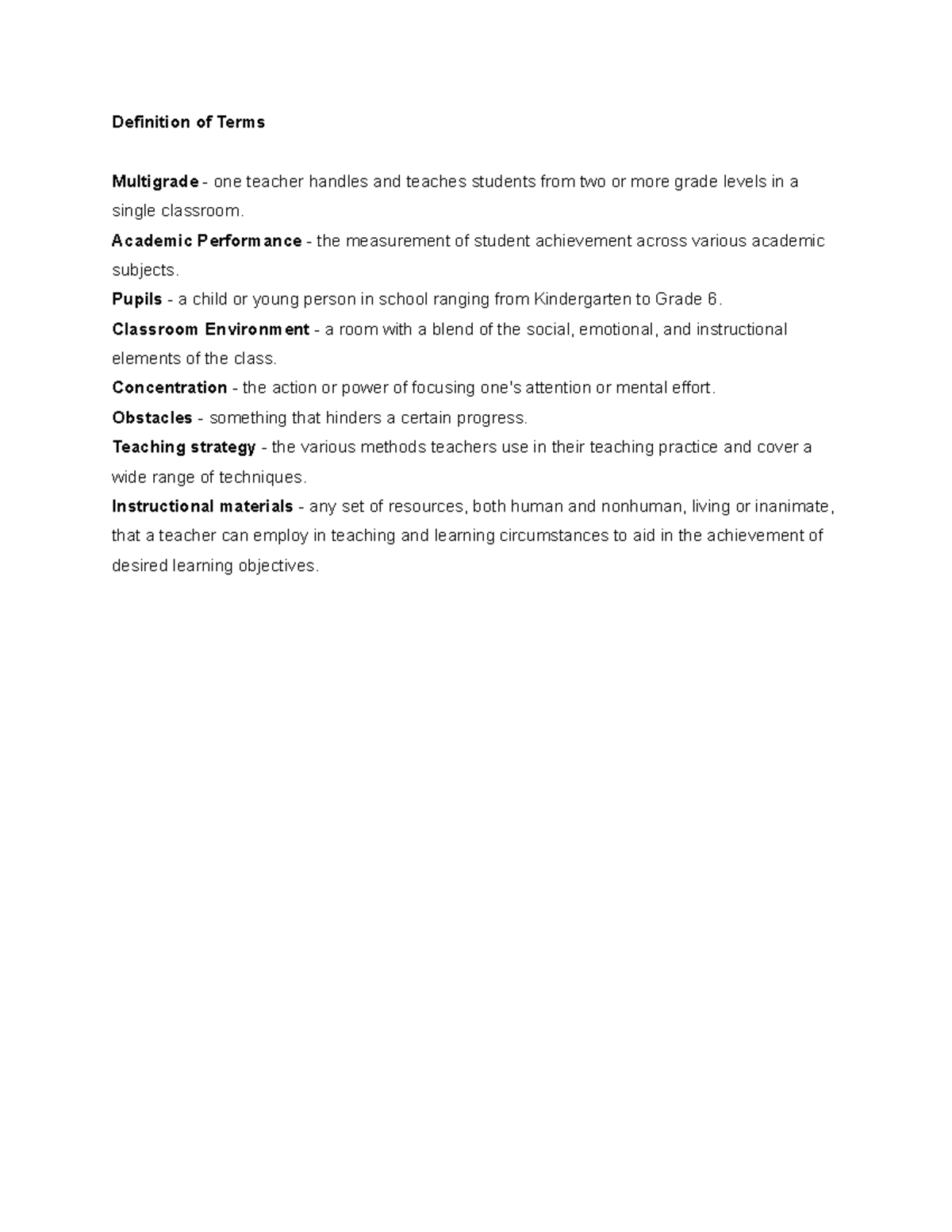 Def-terms - definitions - Definition of Terms Multigrade - one teacher ...