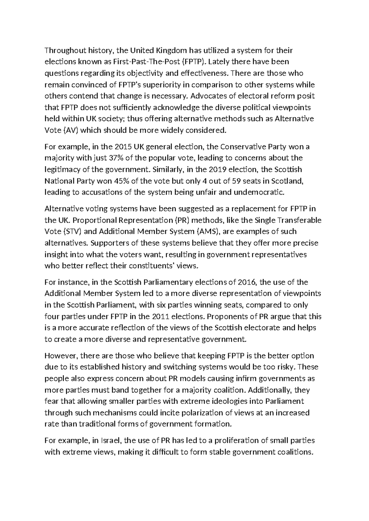 FPTP Essay - Throughout history, the United Kingdom has utilized a ...