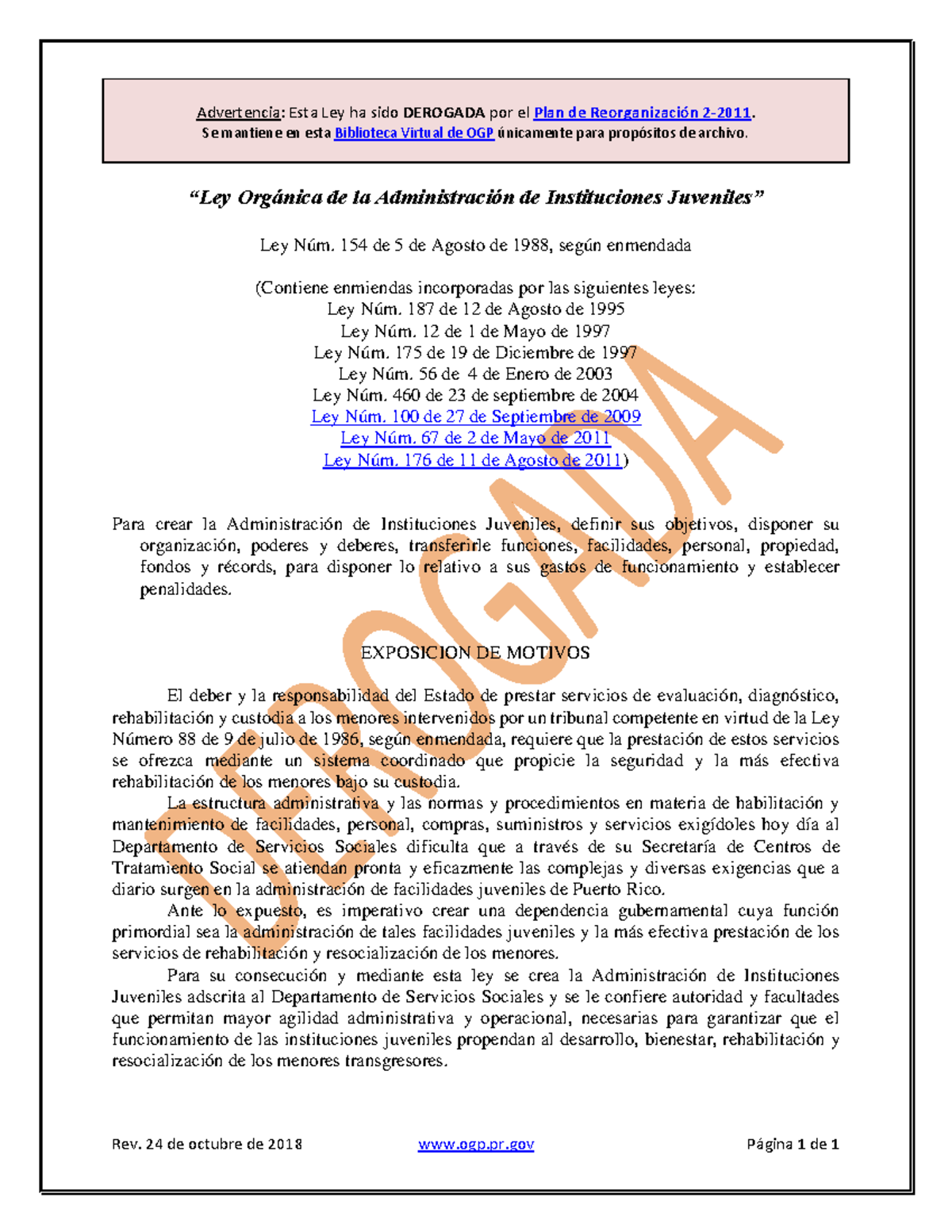 “Ley Orgánica de la Administración de Instituciones Juveniles Ley 154 ...