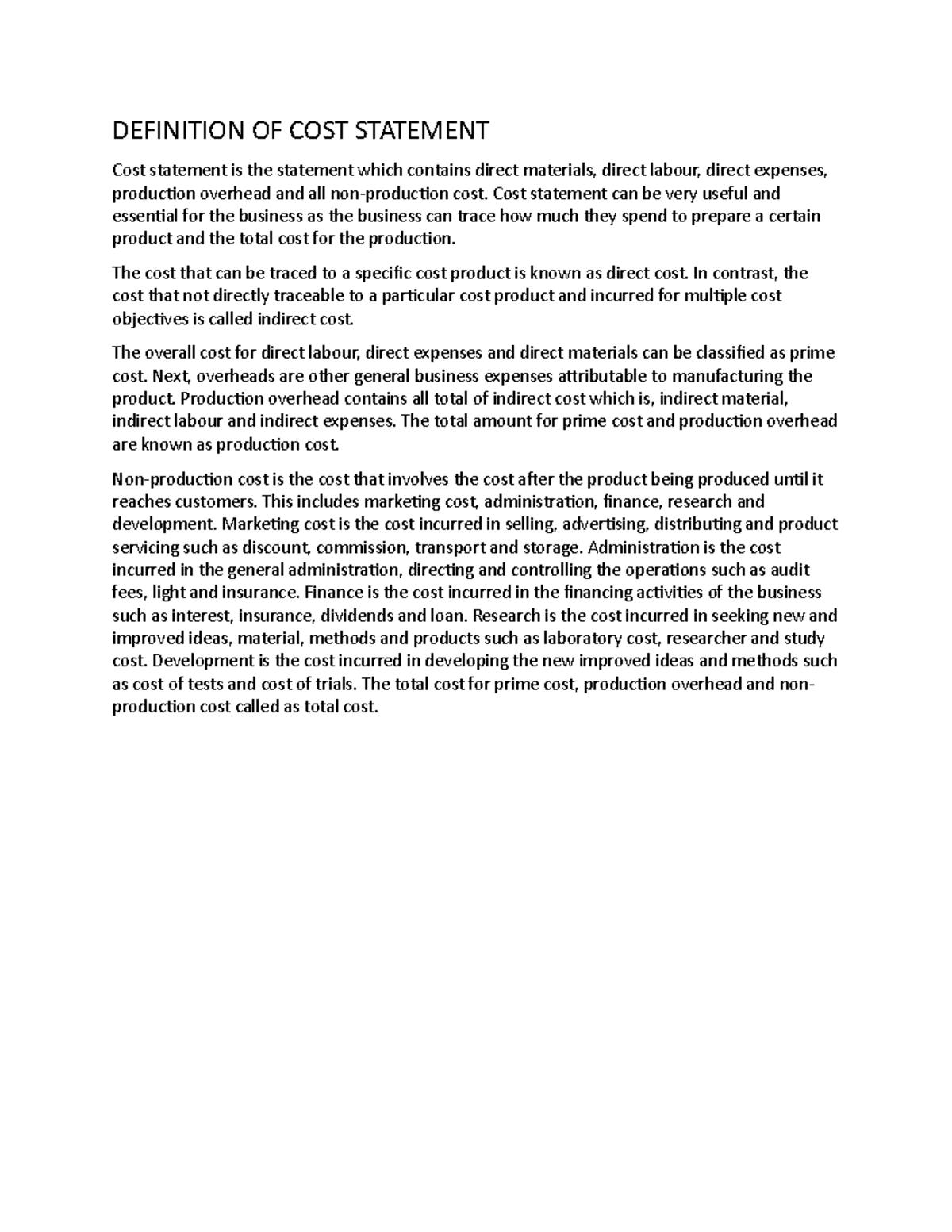 Definition OF COST Statement - DEFINITION OF COST STATEMENT Cost ...