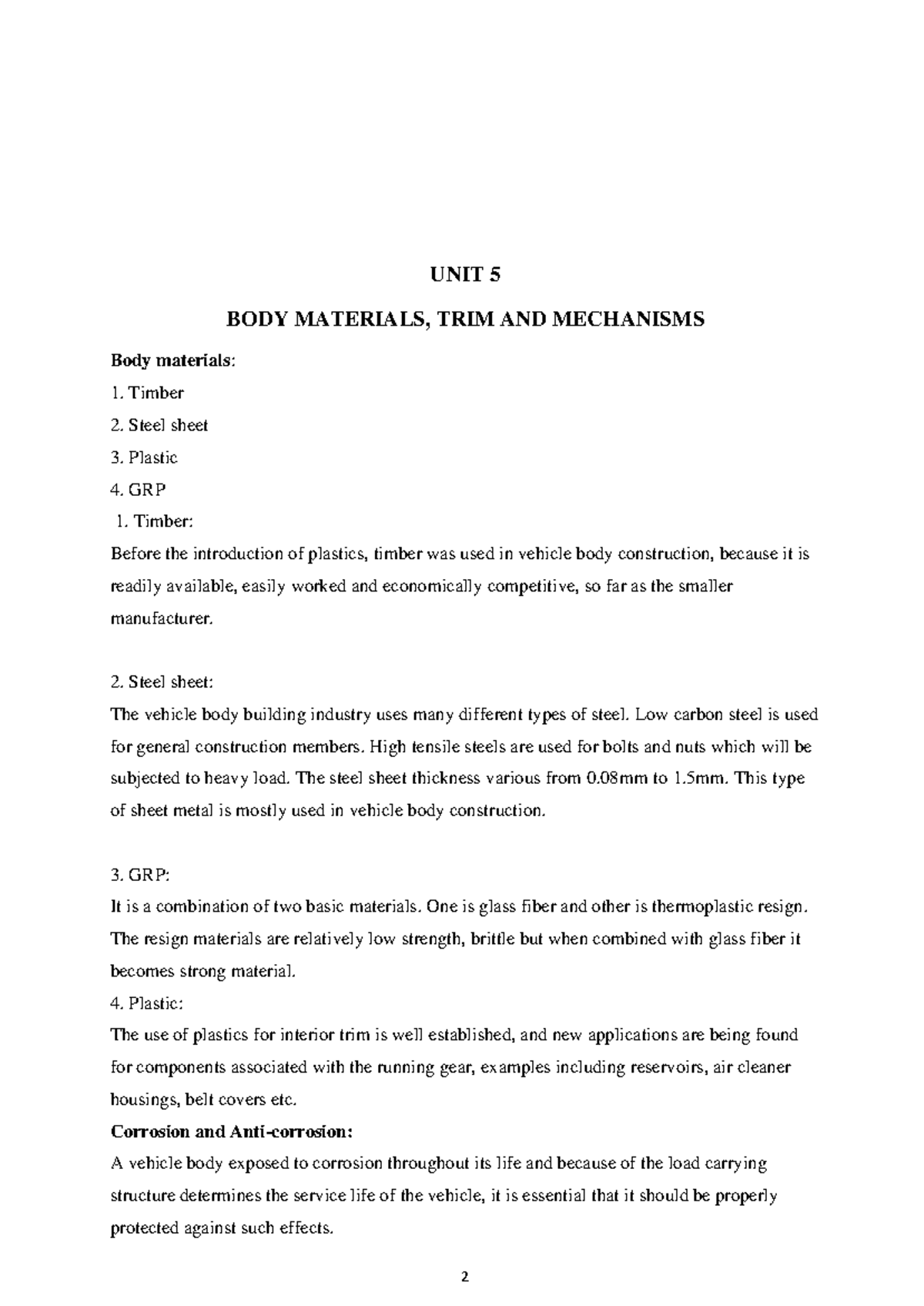 BODY Materials, TRIM AND Mechanisms notes - UNIT 5 BODY MATERIALS, TRIM ...
