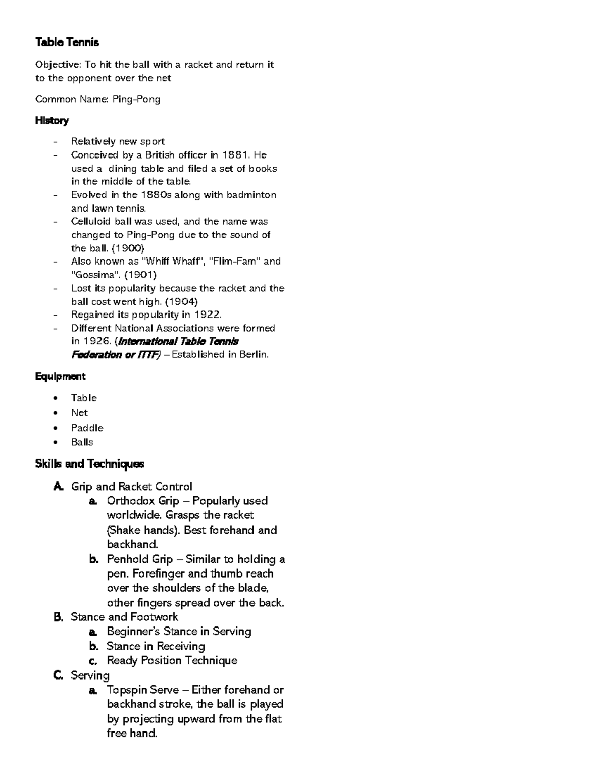 PE-Rev - Table Tennis Objective: To hit the ball with a racket and ...