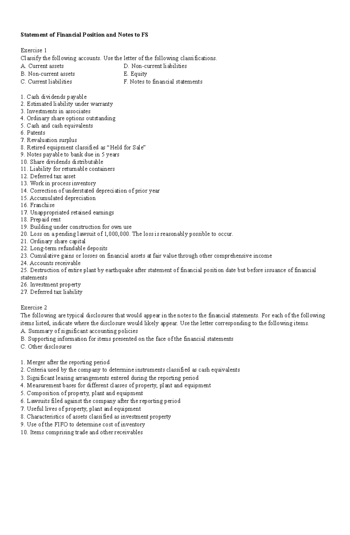 Balance Sheet and Notes - Exercises - Statement of Financial Position ...