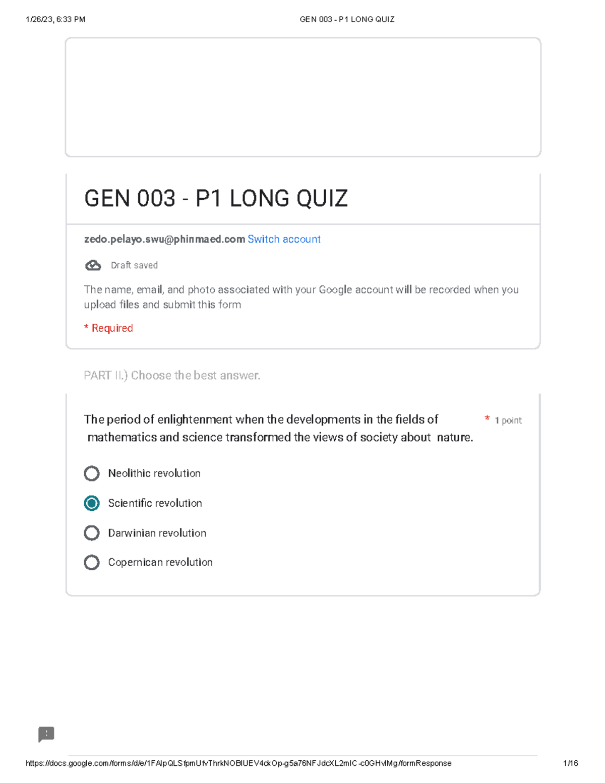 summative gen 003 - PART II.) Choose the best answer. 1 point Neolithic ...