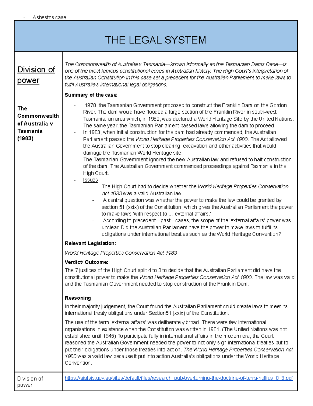 YR11 Legal Studies CASE Studies - Asbestos case THE LEGAL SYSTEM ...