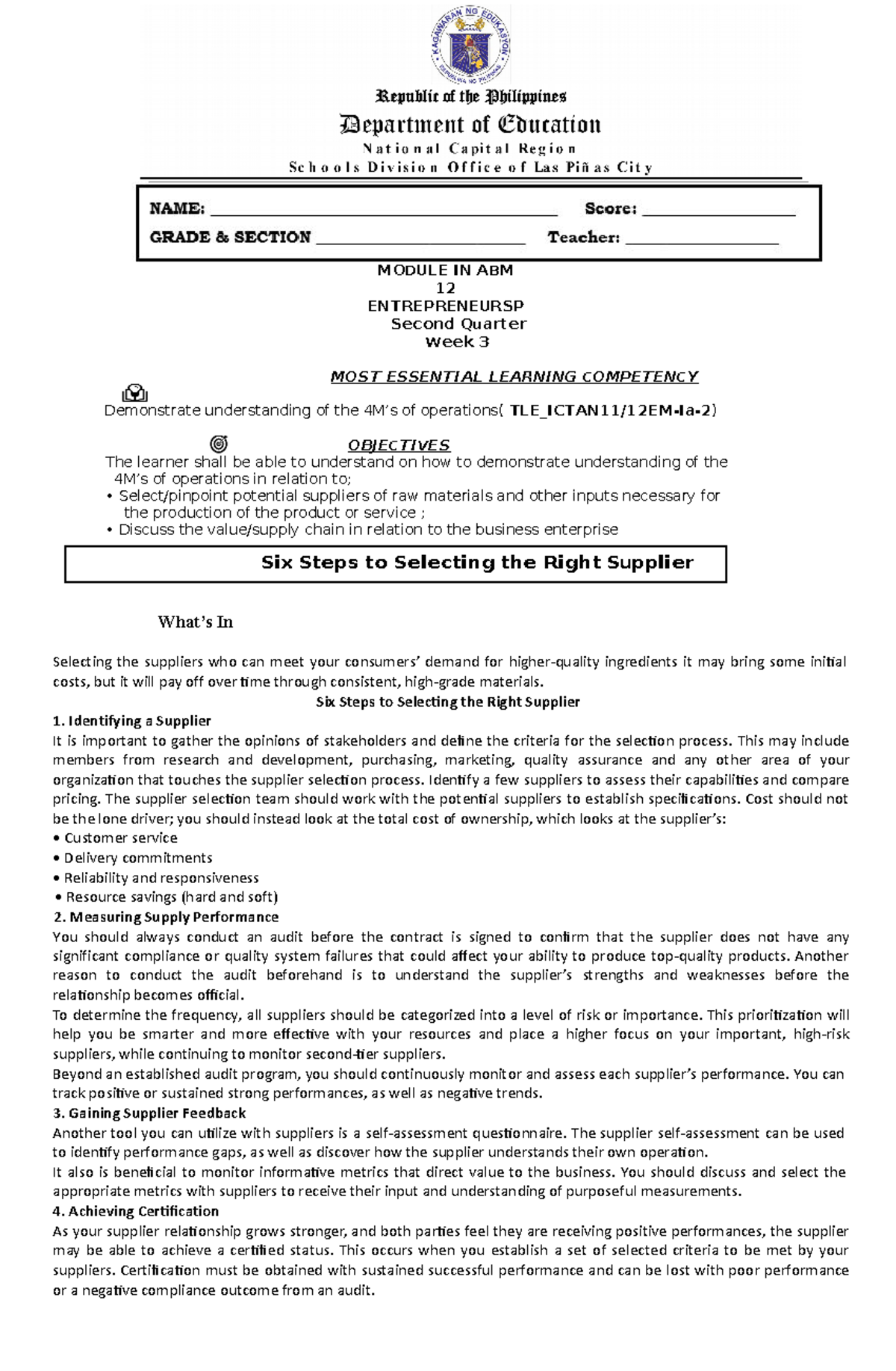 Q2 Week 3 -ADM Module - WEEK 3 - M ODU L E IN A B M 12 ENT RE P RENE UR ...