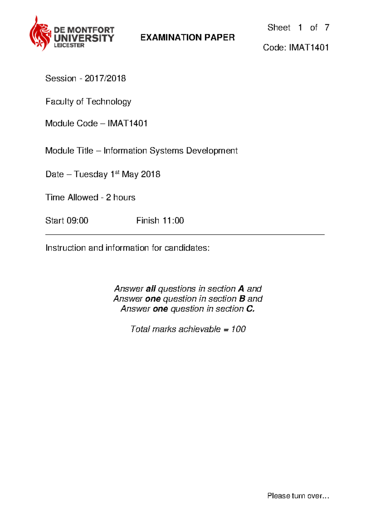 IMAT1401 Exam 2018 - Sheet 1 of 7 EXAMINATION PAPER Code: IMAT Session ...