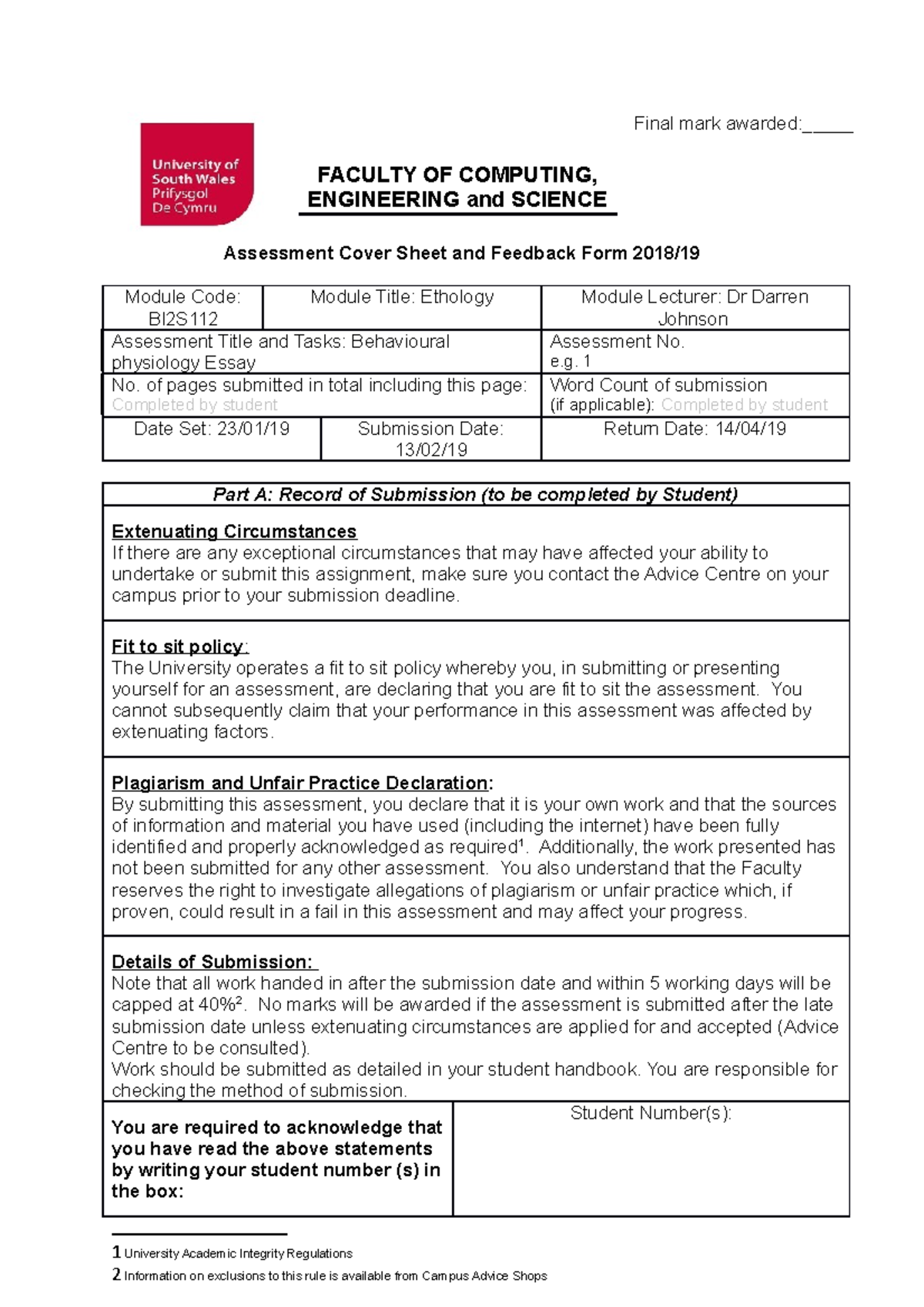 Cover sheet CW2 neurobiology - FACULTY OF COMPUTING, ENGINEERING and ...