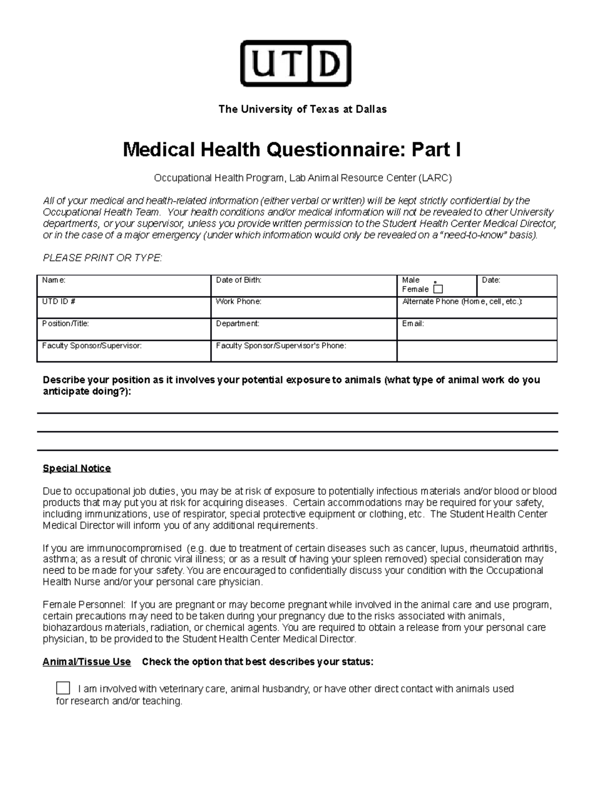 Method lab students-UTD Medical-Health-Questionnaire - The University ...