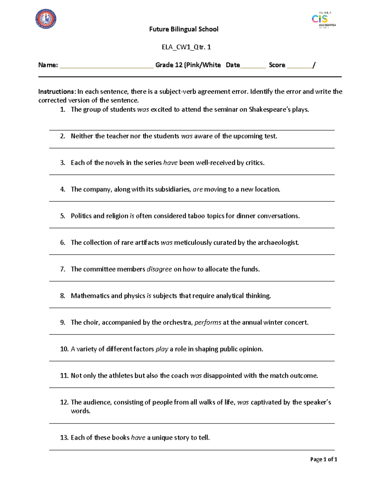 ELA Writing Review Pack - Future Bilingual School ELA_CW1_Qtr. 1 Name