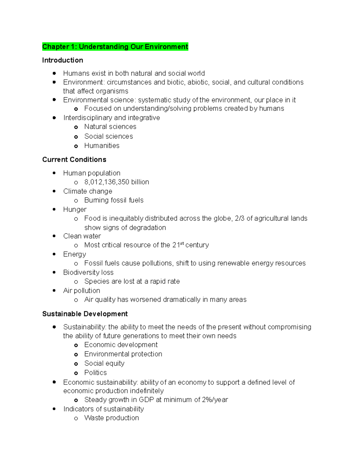ENSC 1003H Chapters 1-3 - Chapter 1: Understanding Our Environment ...