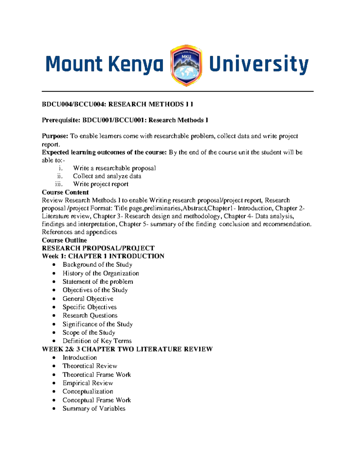 BDCU BCCU 004 Research Methods II Course Outline - BDCU004/BCCU004: RESEARCH METHODS I I - Studocu