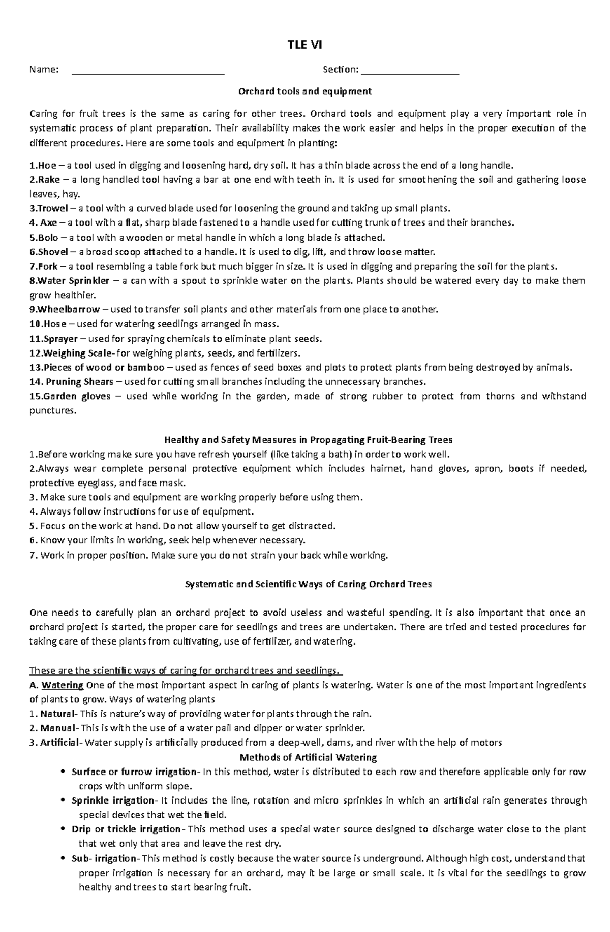 TLE VI study materials - TLE NOTES 4 - TLE VI Name ...