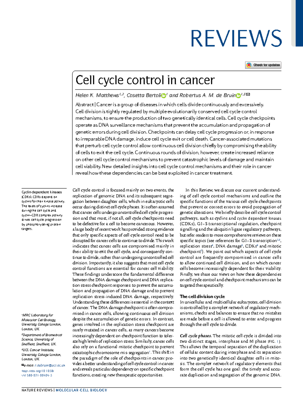 Articulo 5 - NOTA - Cell cycle control is focused mainly on two events ...