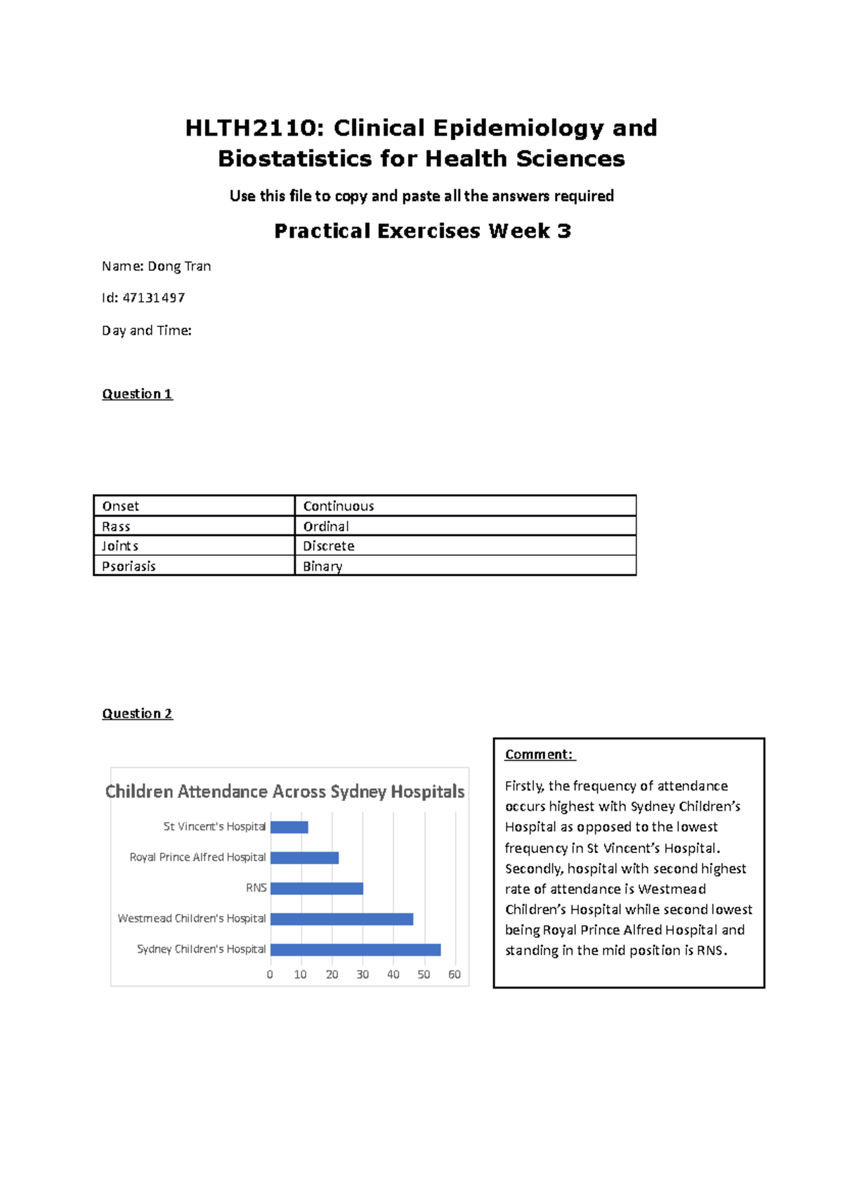 Answer Practical Week 3 - HLTH2110: Clinical Epidemiology and Biostatistics for Health Sciences ...