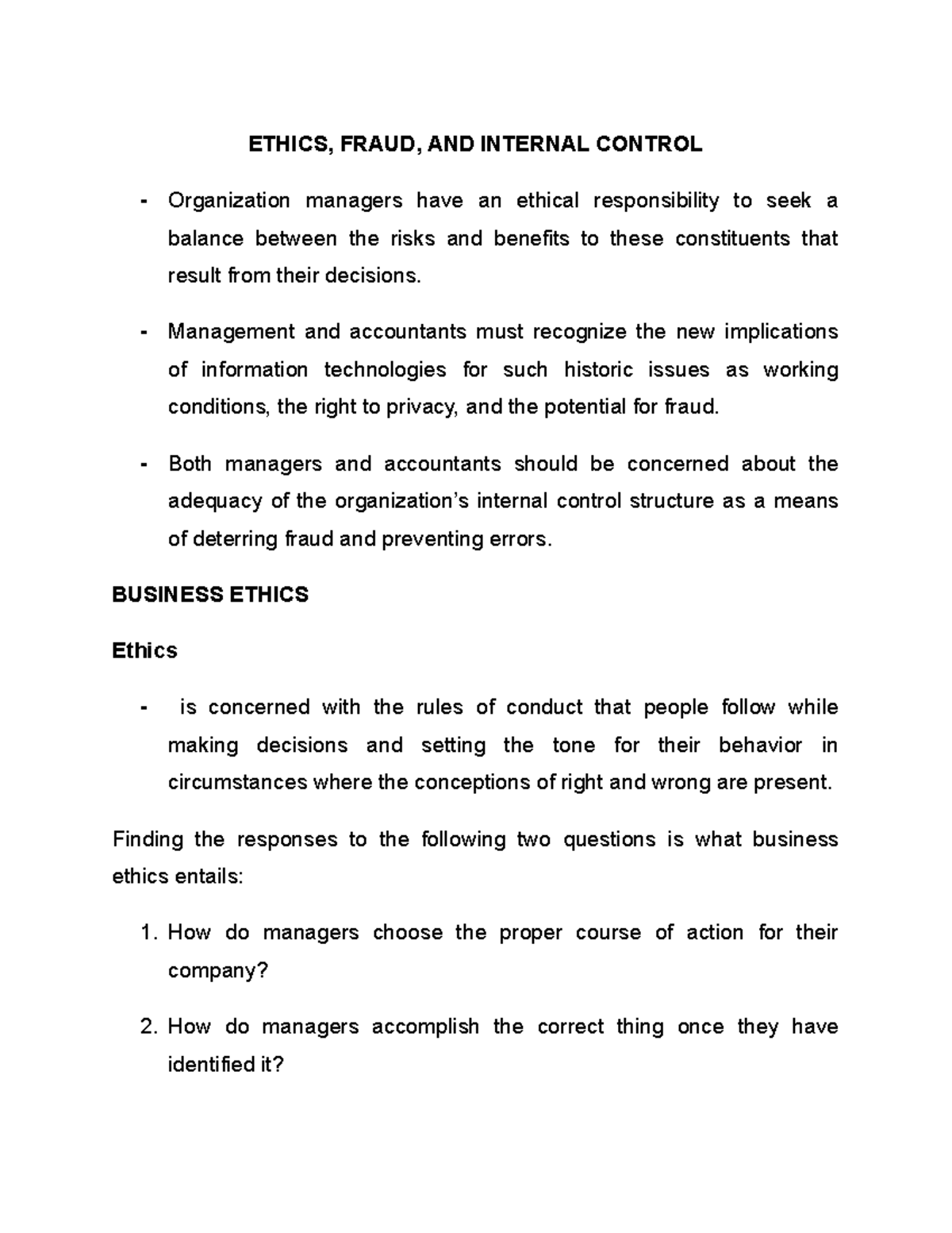 Ethics, Fraud, AND Internal Control - ETHICS, FRAUD, AND INTERNAL ...