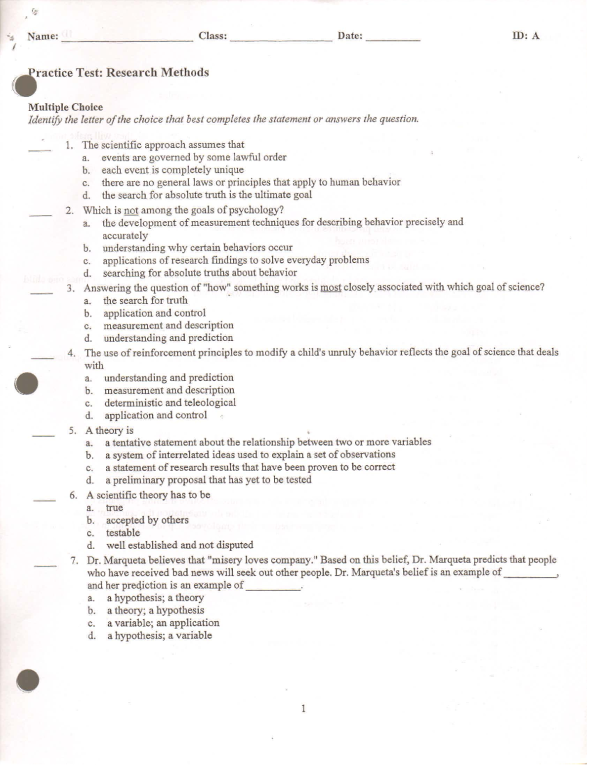 Sample multiple choice from Final Exam - '~ Name: Class: Date ...