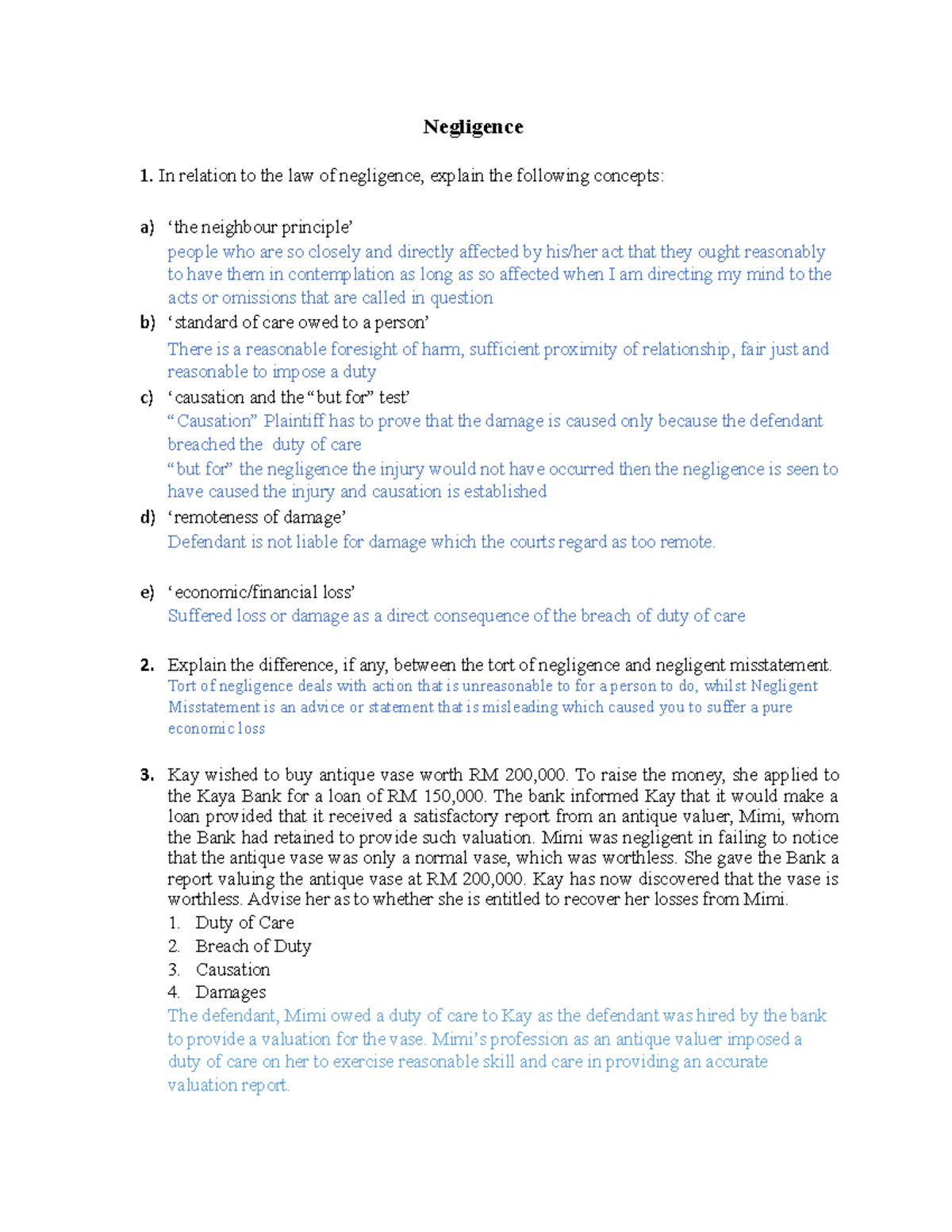 Tort of Negligence Questions - Negligence In relation to the law of ...