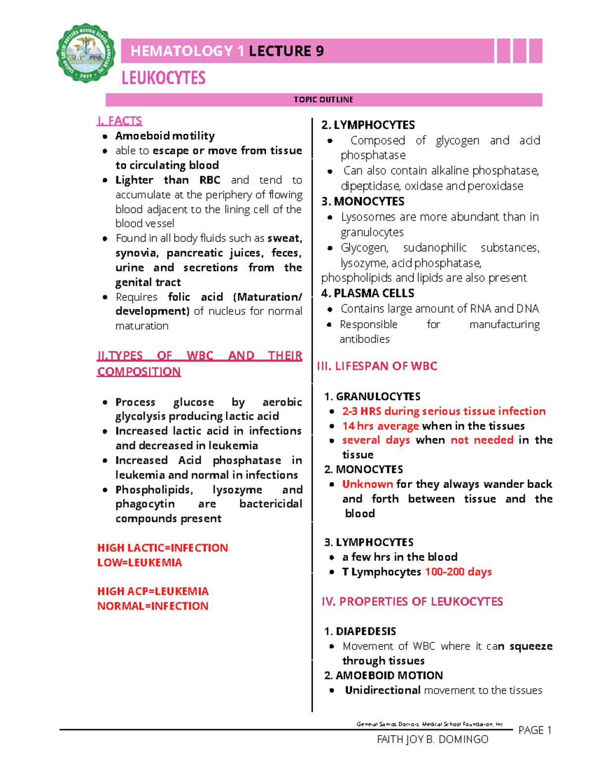 HEMA Lecture 9 Handouts Domingo - Amoeboid motility able to escape or move from tissue to - Studocu