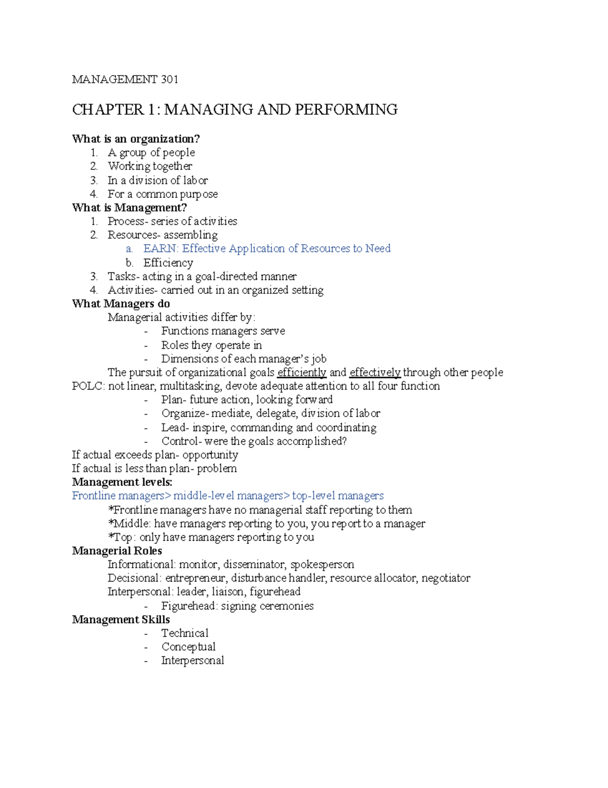 Management Notes - MANAGEMENT 301 CHAPTER 1: MANAGING AND PERFORMING ...