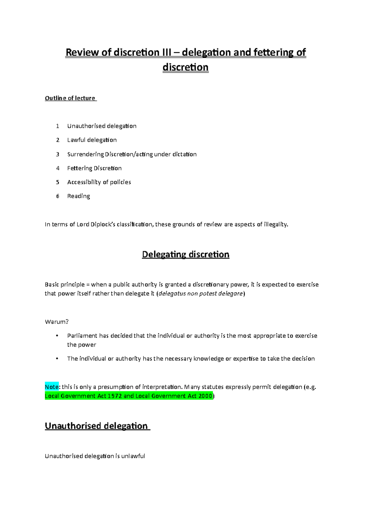L6 - Review of discretion III – delegation and fettering of discretion ...