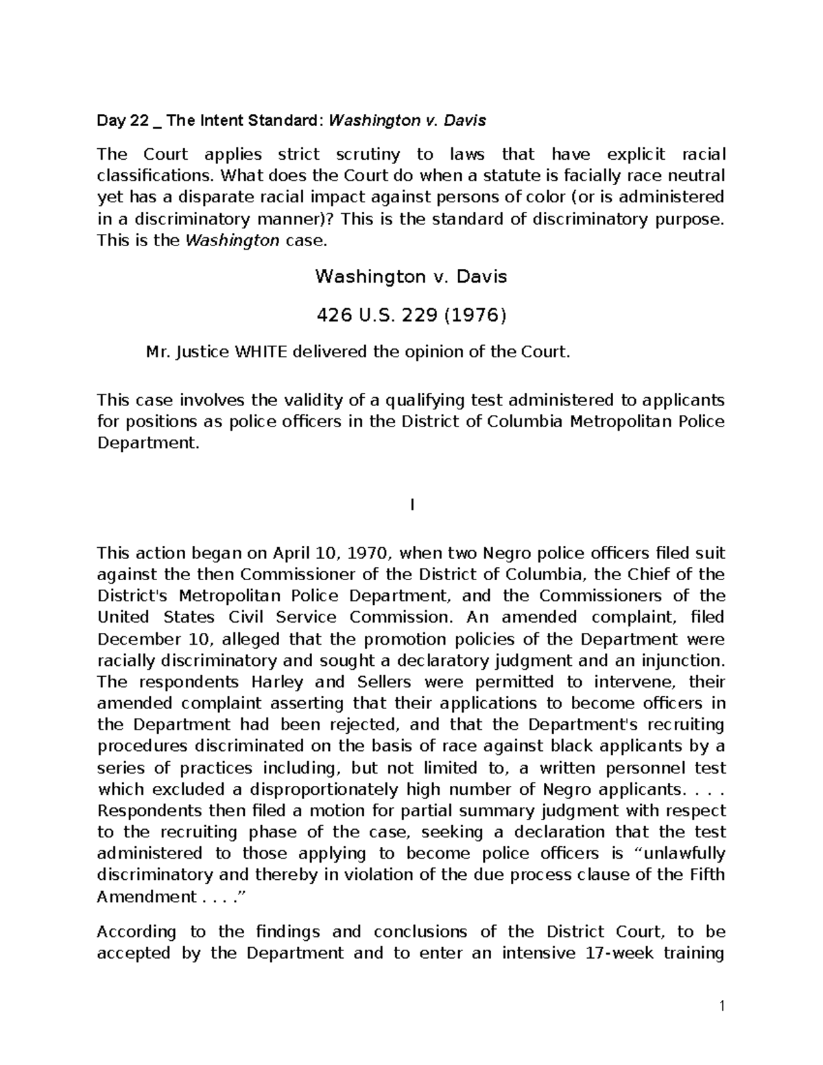 Day 22 Washington v. Davis and Intent - Day 22 _ The Intent Standard ...