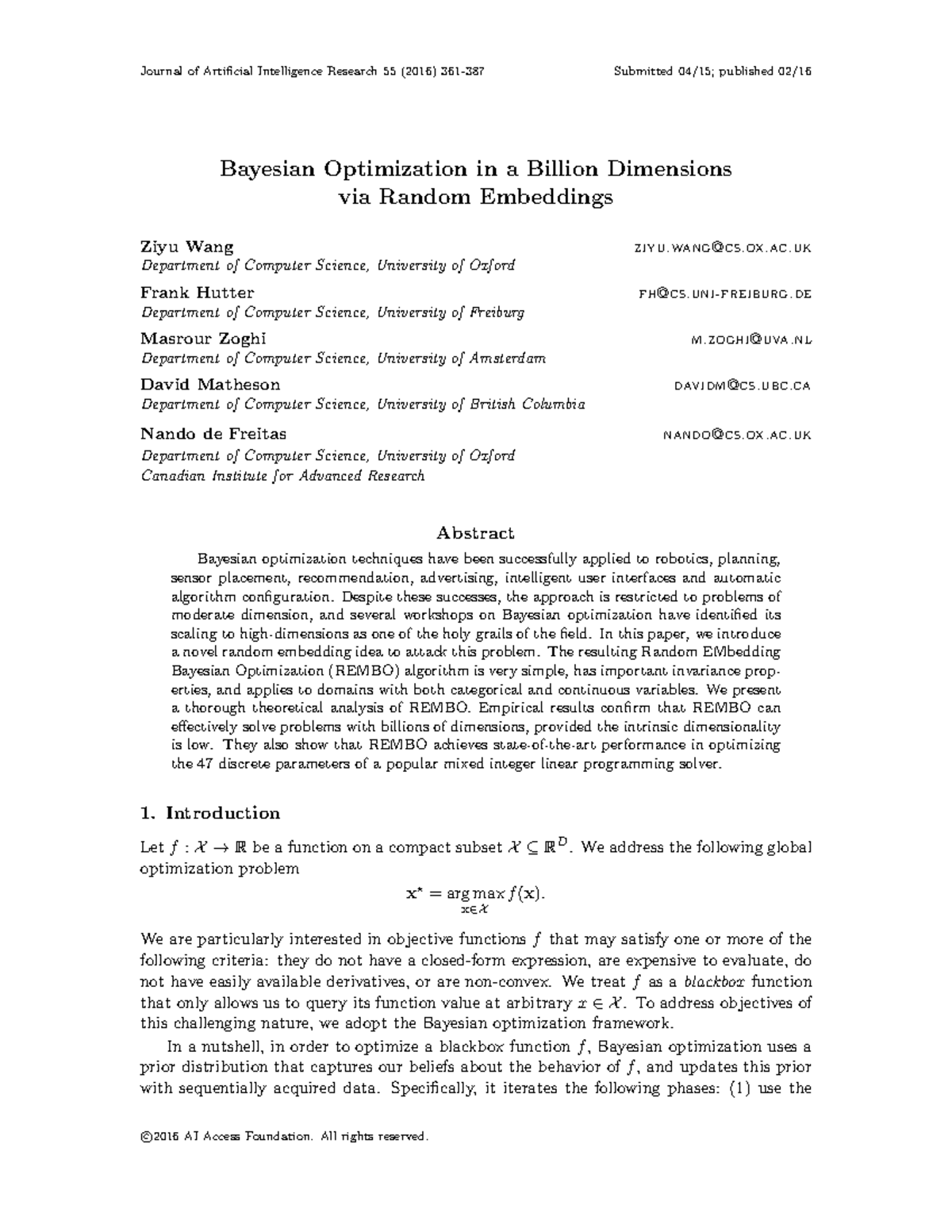 Bayesian Optimization In A Billion Dimensionsvia Random Embeddings Ox