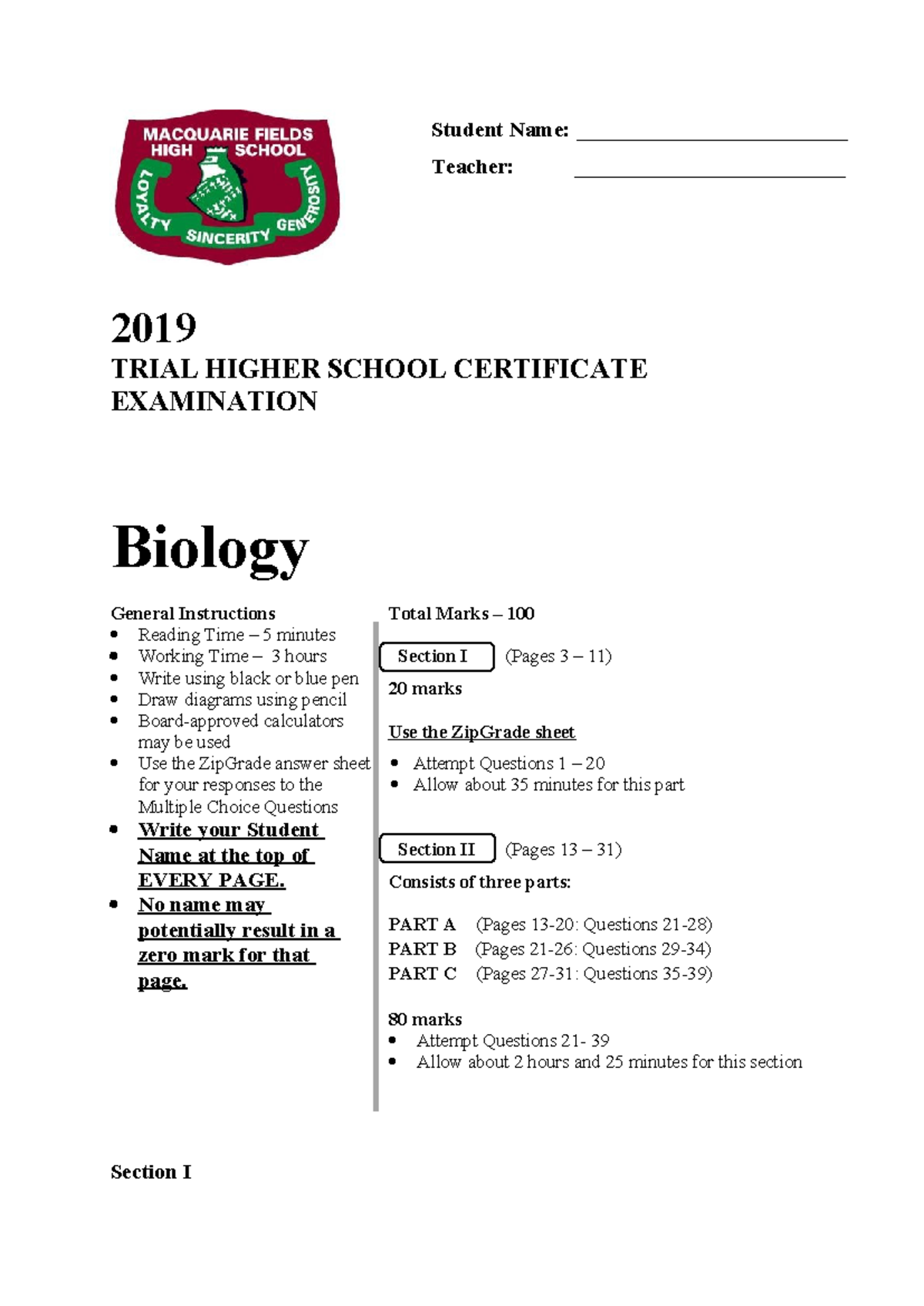 MFHS 2019 Biology Trial HSC Exam - 2019 TRIAL HIGHER SCHOOL CERTIFICATE ...