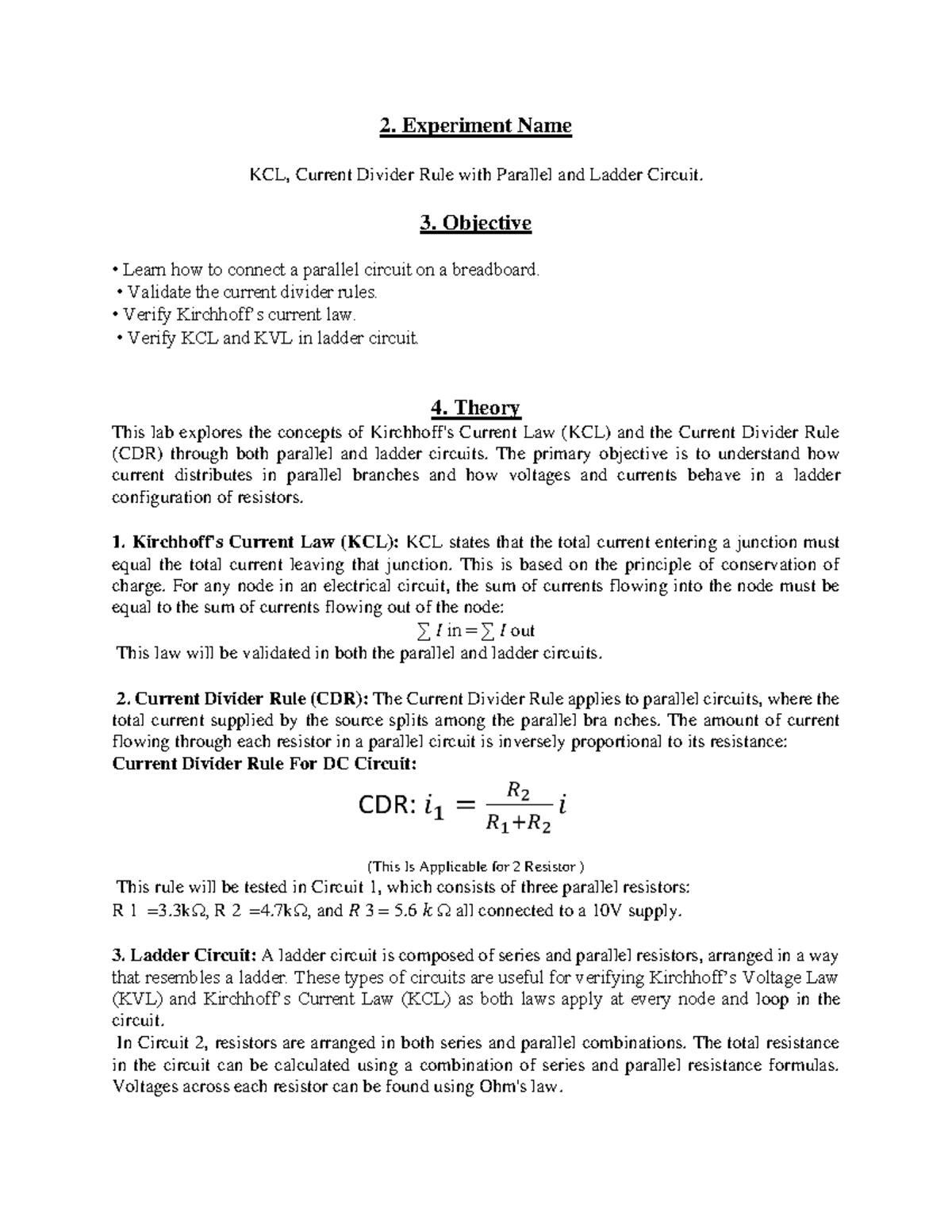 EEE141 Lab 2 - 2. Experiment Name KCL, Current Divider Rule with Parallel and Ladder Circuit. 3 ...