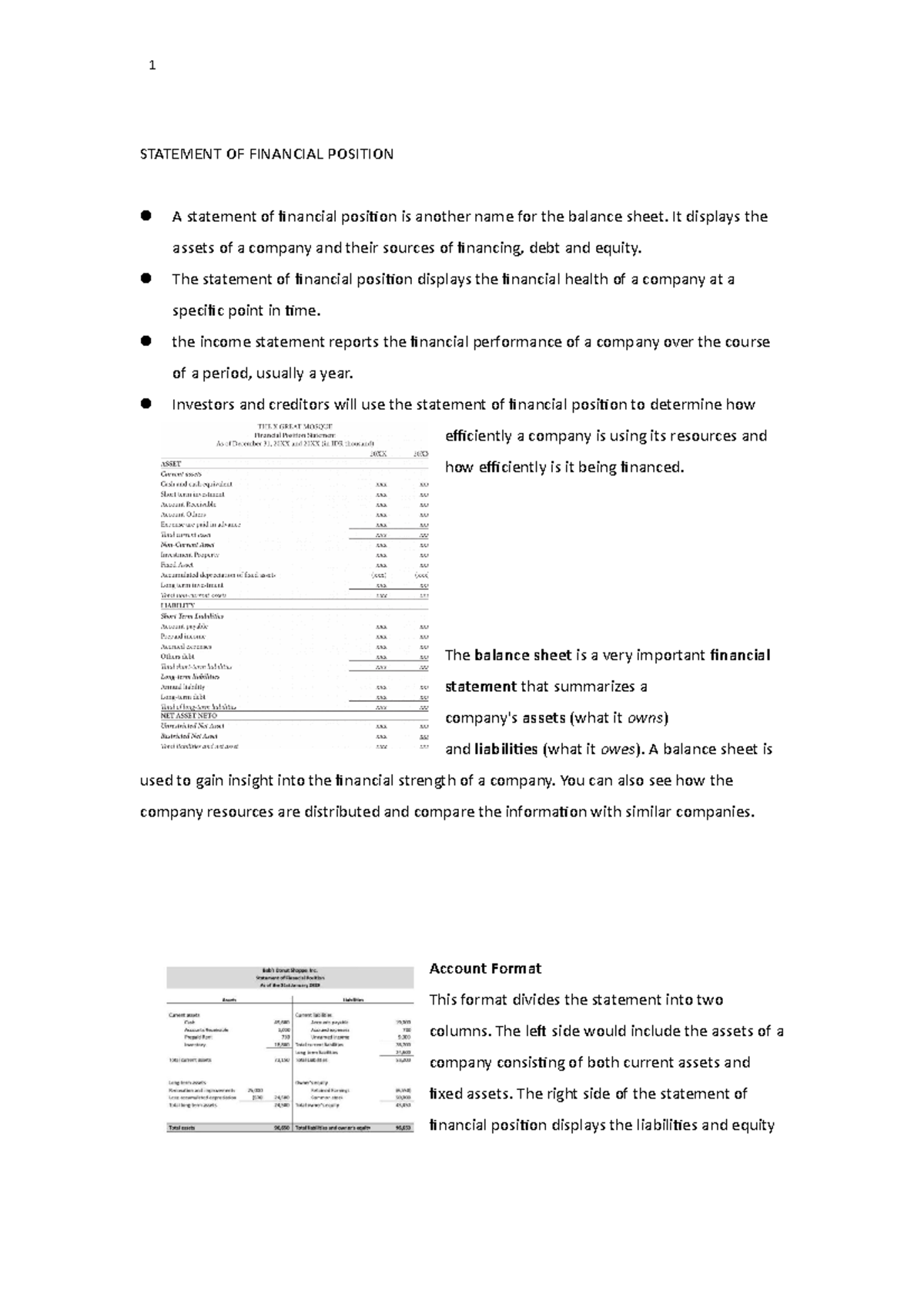 Statement OF Financial Position - STATEMENT OF FINANCIAL POSITION A ...