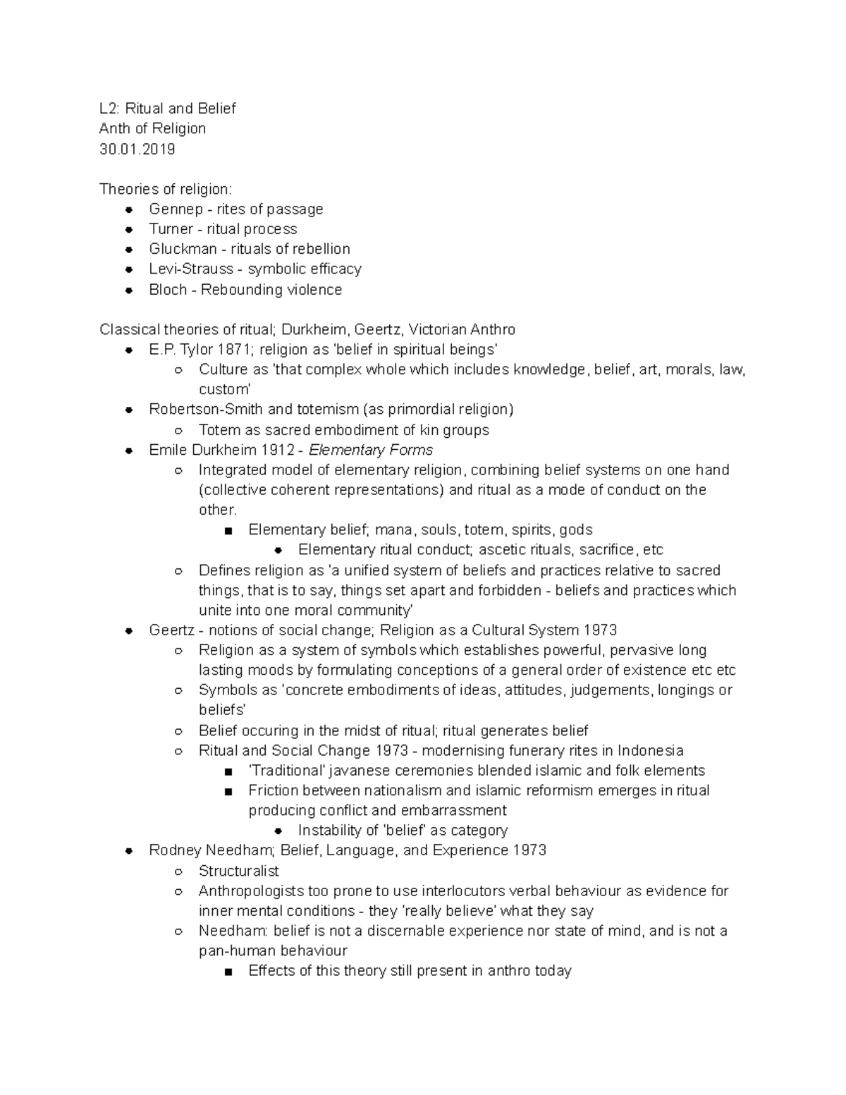 L2 Ritual and Belief - Lecture notes 2 - L2: Ritual and Belief Anth of ...