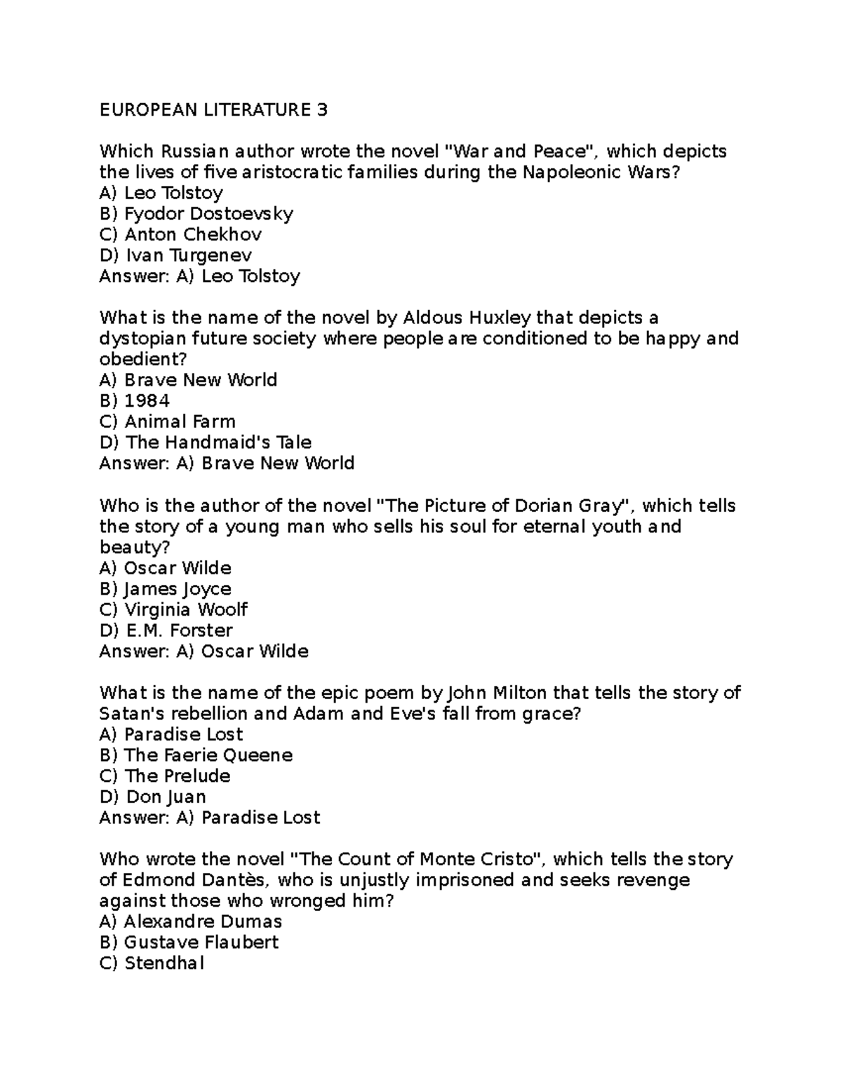 European Literature 3 - QUIZ - EUROPEAN LITERATURE 3 Which Russian ...