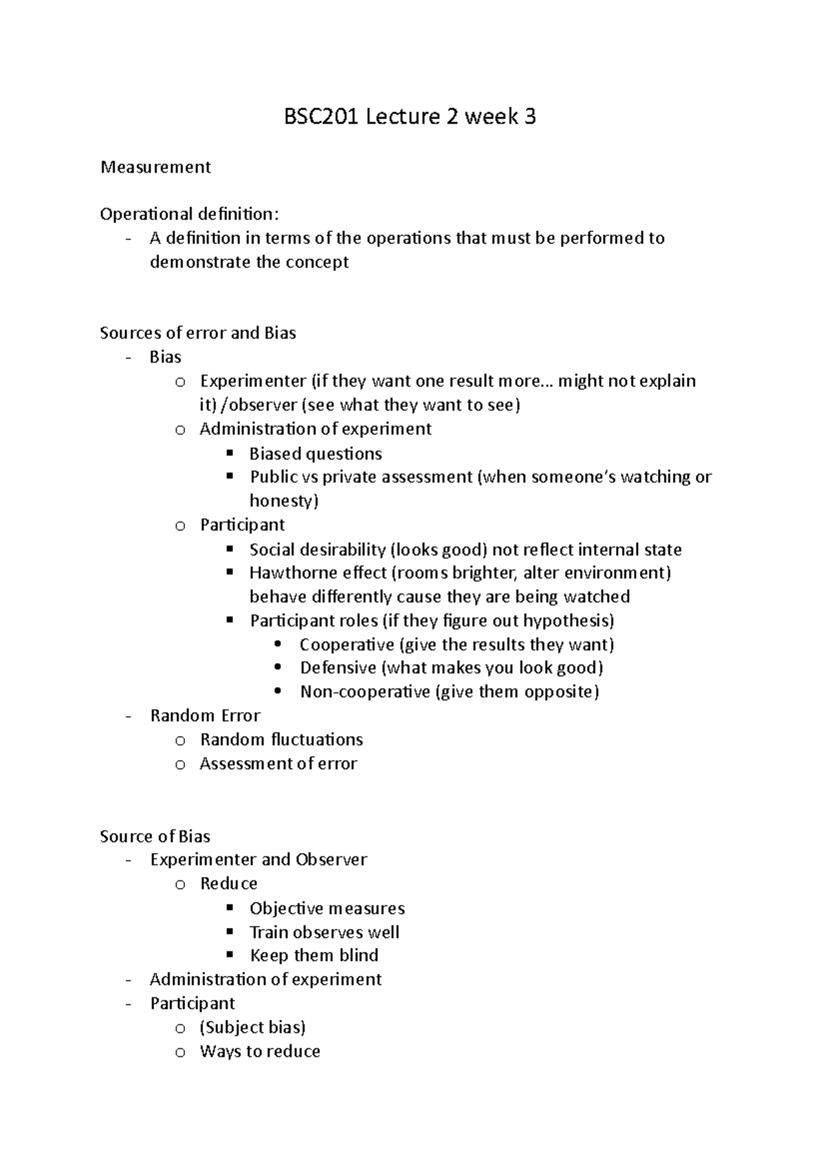 Bias Lecture and summary Mid - BSC201 Lecture 2 week 3 Measurement Operational definition: - A ...