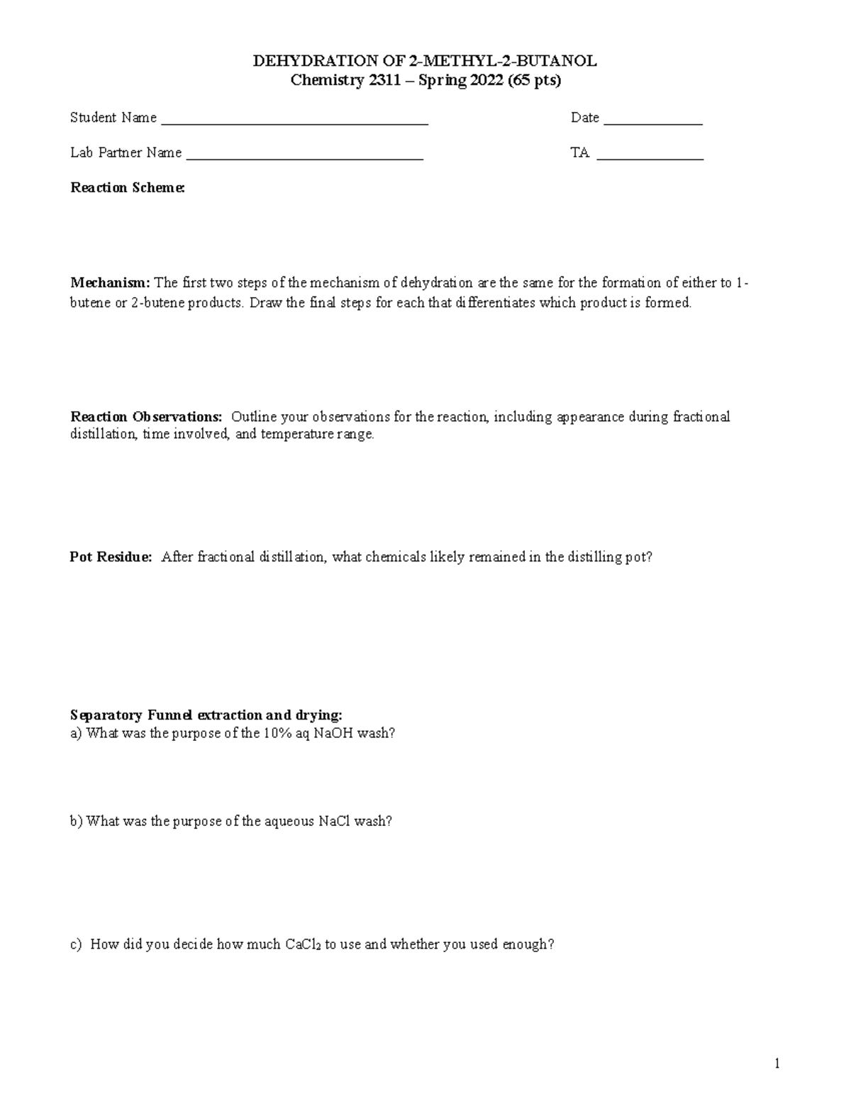 Worksheet Dehydration Spring 2022 - DEHYDRATION OF 2-METHYL-2-BUTANOL ...