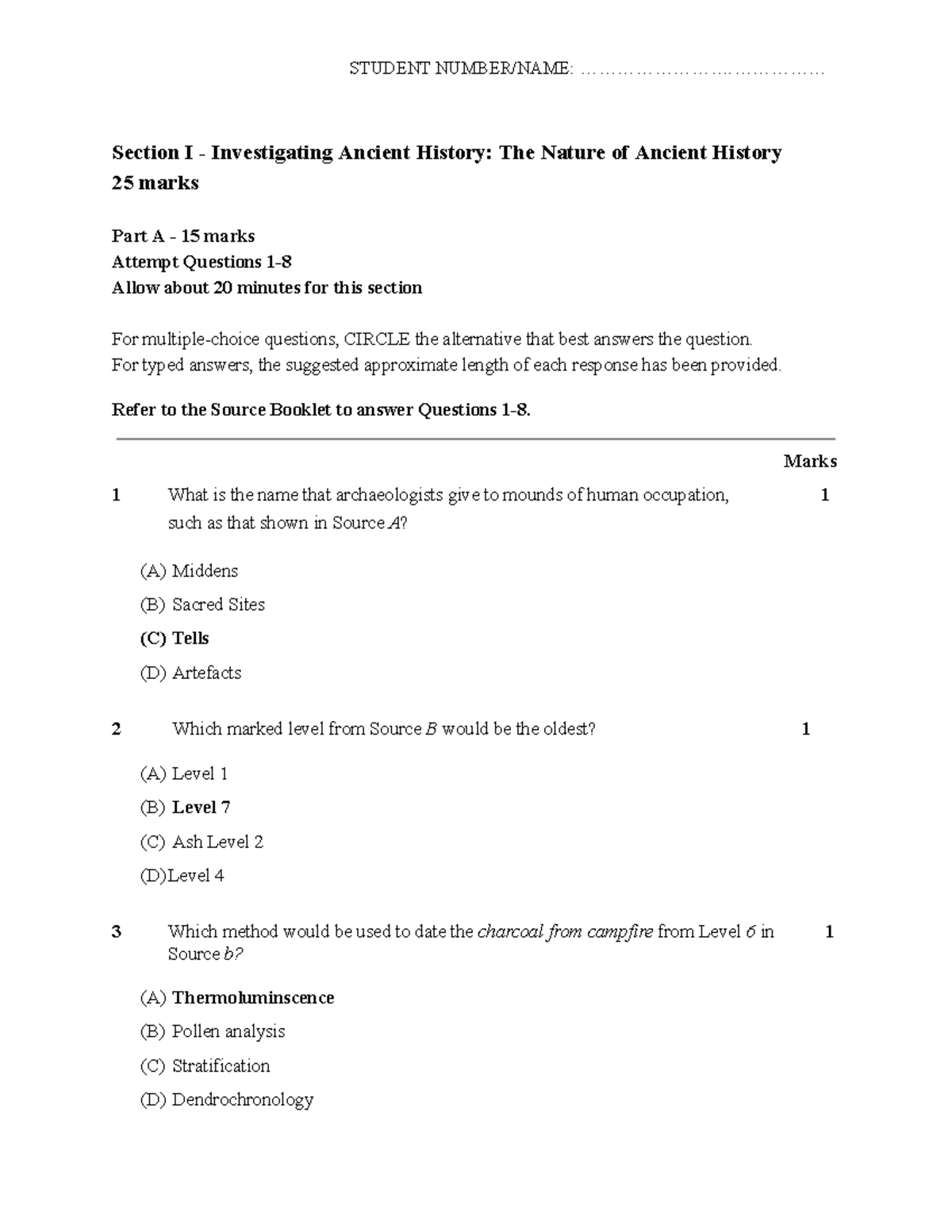 Year 11 ANcient History Preliminary Exam - MOCK EXAM - Section I ...
