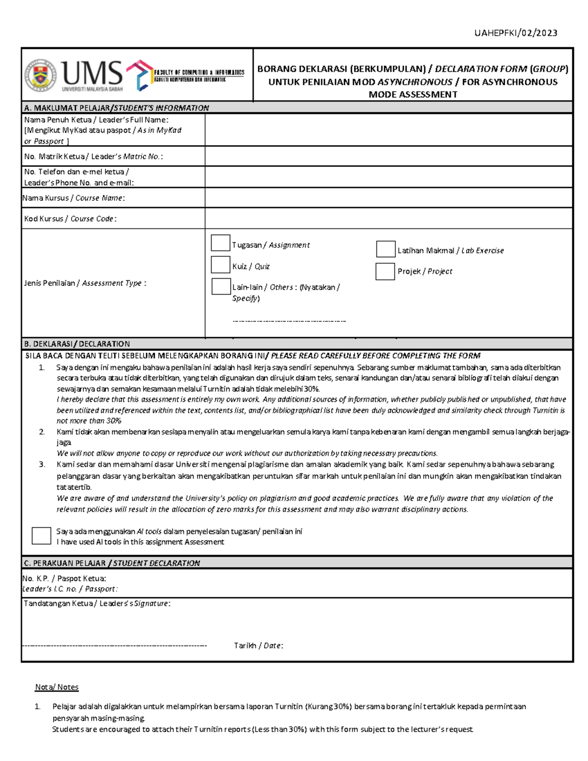 Declaration Form (Group) - UAHEPFKI/0 2 /202 3 BORANG DEKLARASI ...