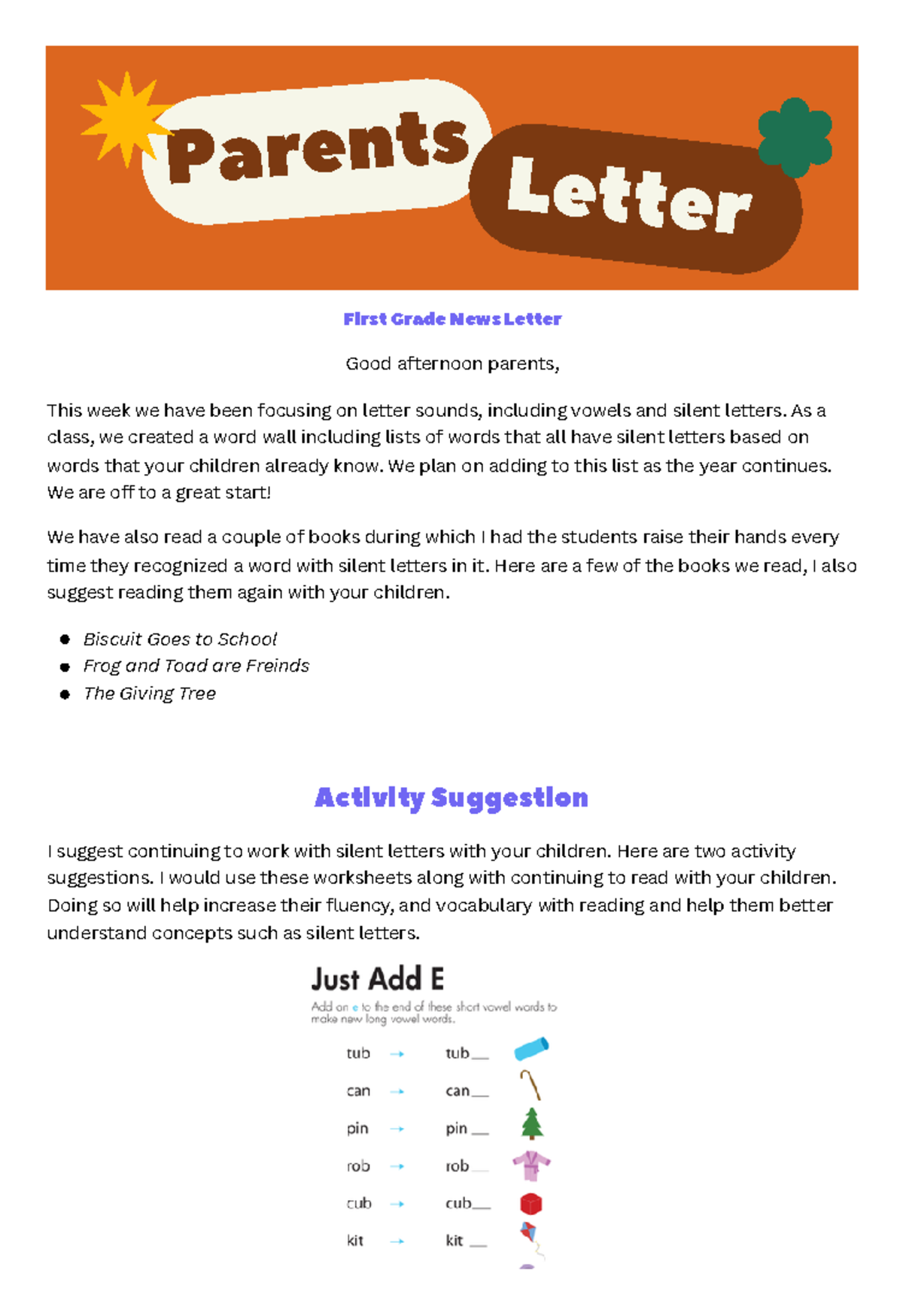 Parent Letter 1 - First Grade News Letter Good afternoon parents, This ...