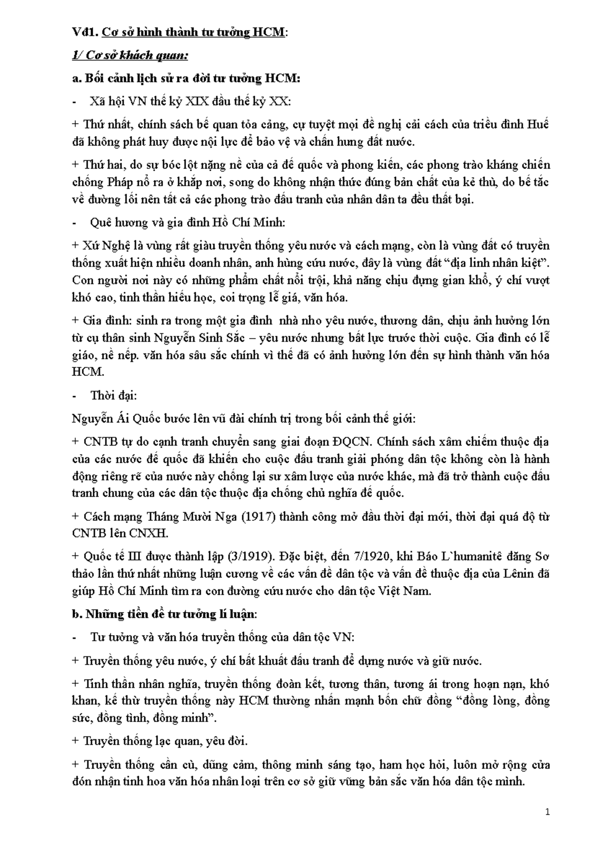 Đề cương tư tưởng HCM - hghdf - Vđ1. Cơ sở hình thành tư tưởng HCM : 1 ...