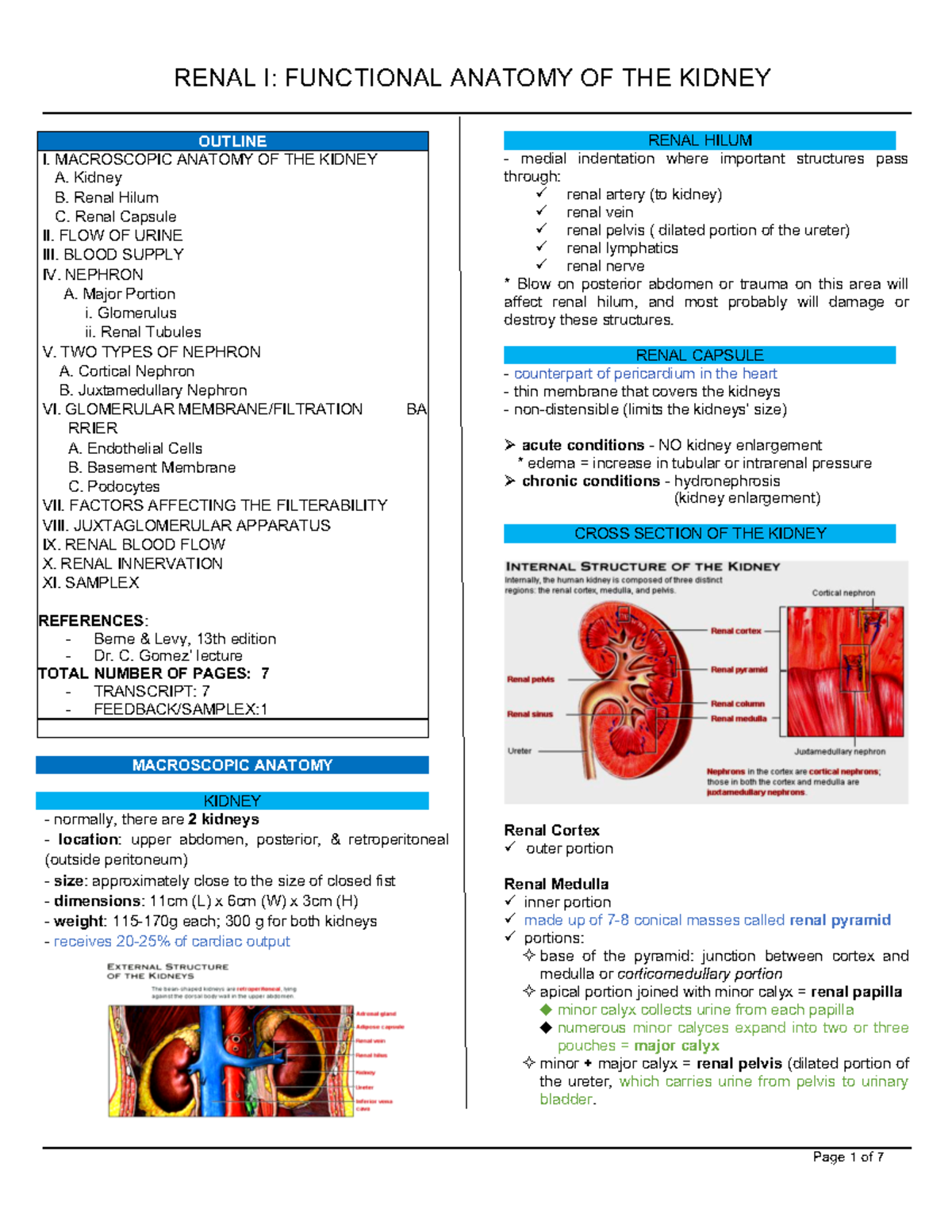 1F Physio Renal 1 1B - Lecture notes 1-4 - OUTLINE I. MACROSCOPIC ...